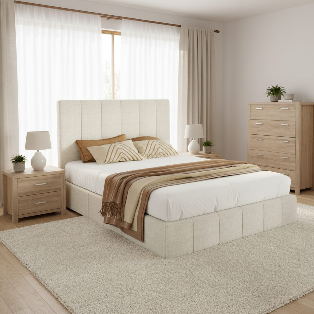 Double Bedroom Suite Linen & Wood including Double Mattress, Double Bed ...